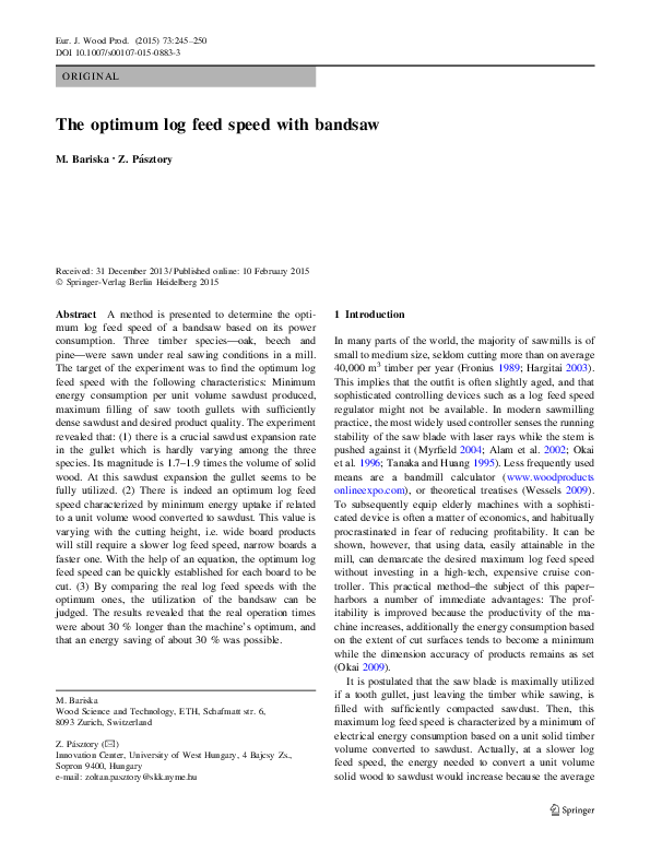 (PDF) The optimum log feed speed with bandsaw