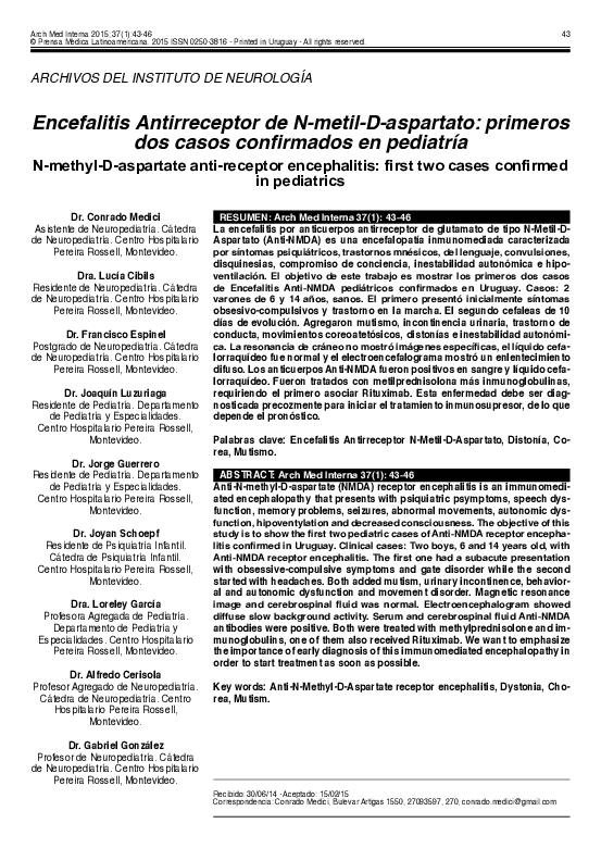 (PDF) Encefalitis antirreceptor de N-metil-D-aspartato: primeros dos ...