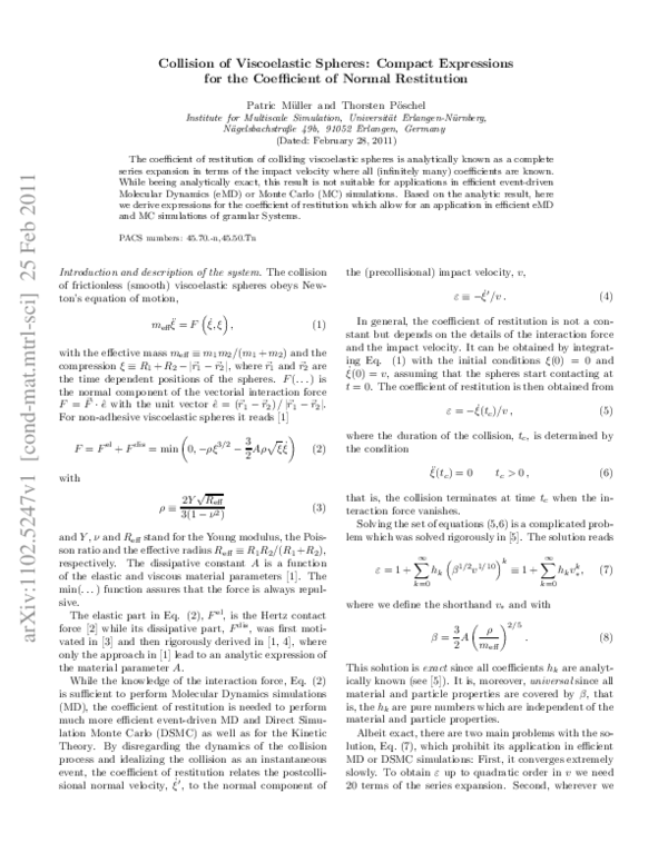 (PDF) Collision of viscoelastic spheres: Compact expressions for the ...