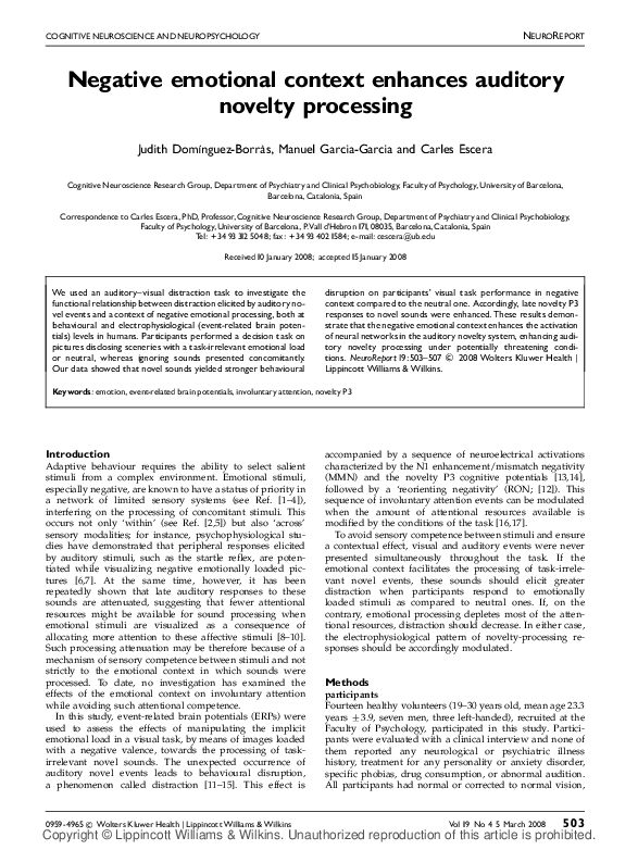 (PDF) Negative emotional context enhances auditory novelty processing