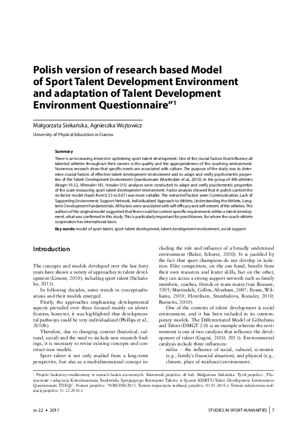 (PDF) Polish version of research based Model of Sport Talent ...