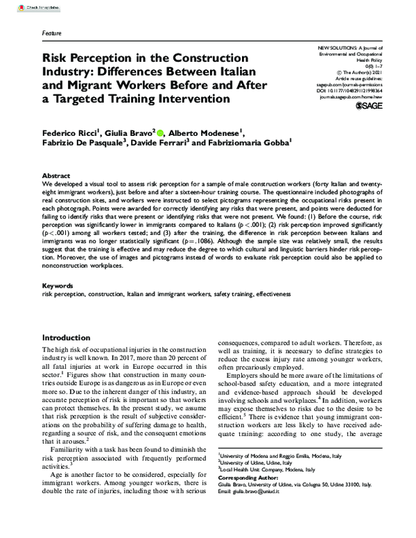 (PDF) Risk Perception in the Construction Industry: Differences Between ...