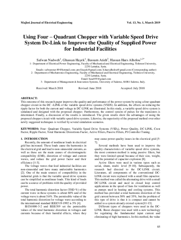 (PDF) Using Four – Quadrant Chopper with Variable Speed Drive System Dc-Link to Improve the ...