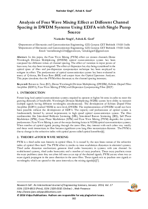 (PDF) Analysis of Four Wave Mixing Effect at Different Channel Spacing in DWDM Systems Using ...