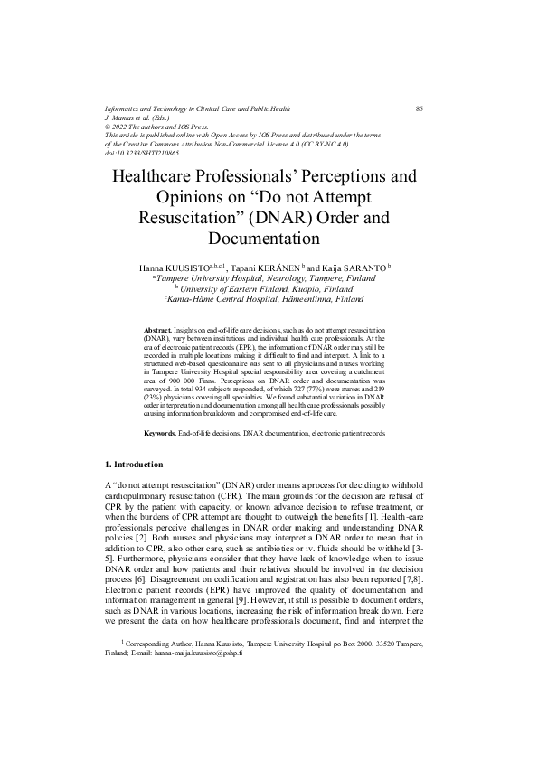 (PDF) Healthcare Professionals’ Perceptions and Opinions on “Do not Attempt Resuscitation” (DNAR ...