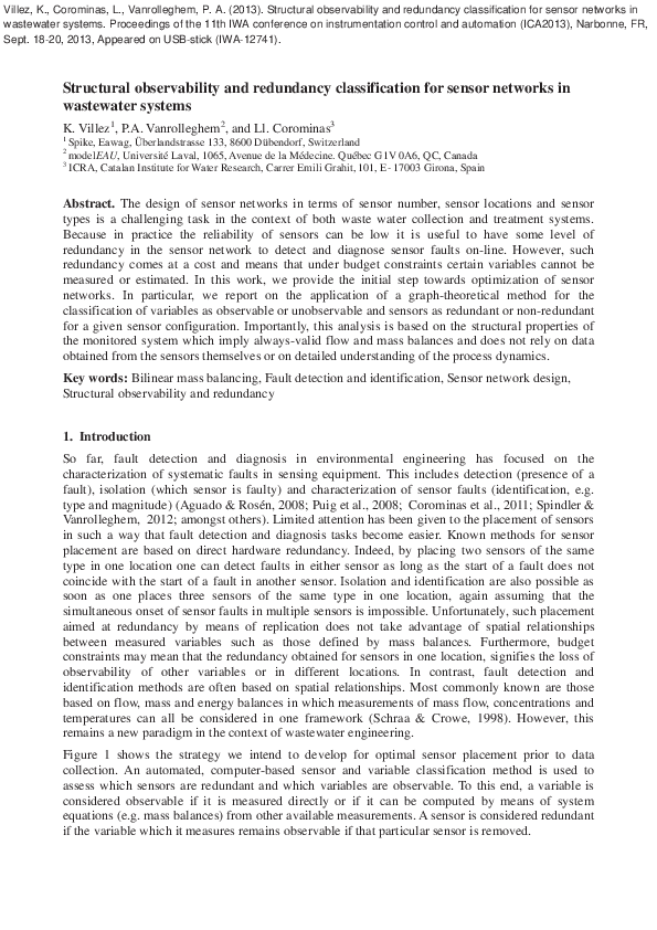 (PDF) Structural observability and redundancy classification for sensor networks in wastewater ...