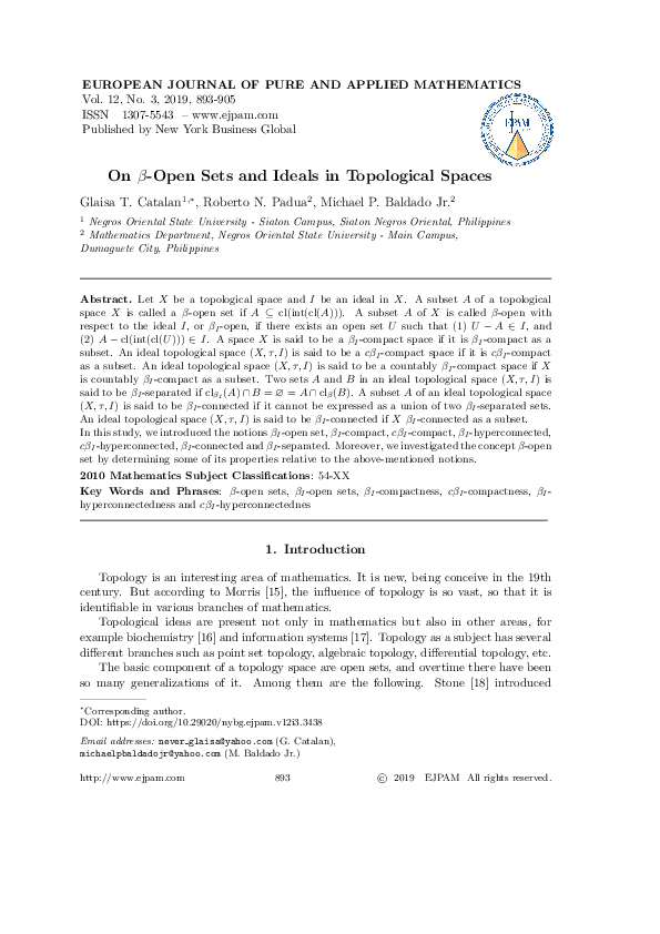 (PDF) On Î²-Open Sets and Ideals in Topological Spaces | Glaisa Catalan - Academia.edu