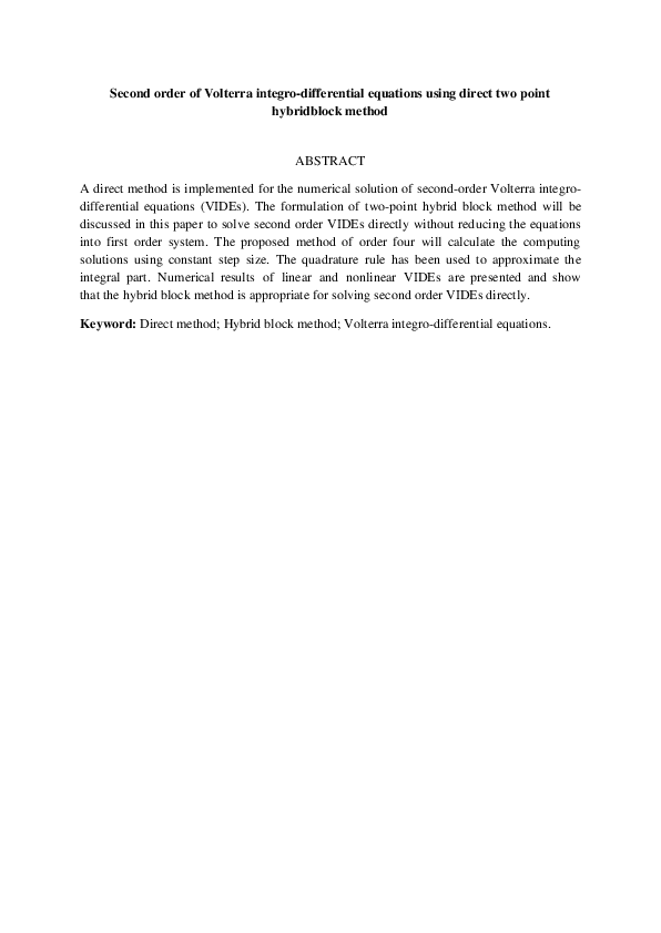Pdf Second Order Of Volterra Integro Differential Equations Using Direct Two Point Hybrid