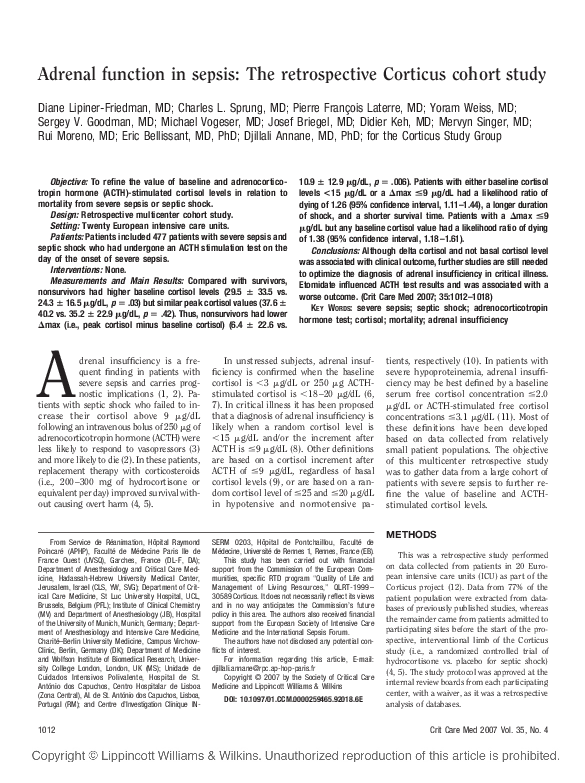 (PDF) Adrenal function in sepsis: The retrospective Corticus cohort ...