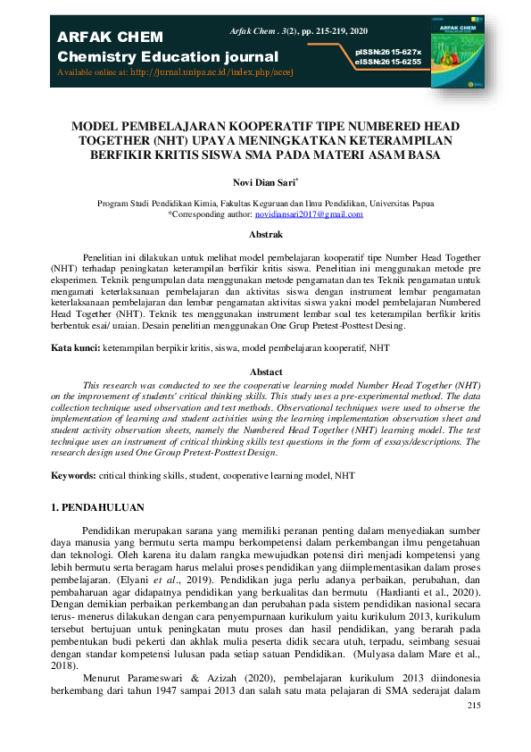 (PDF) Model Pembelajaran Kooperatif Tipe Numbered Head Together (NHT) Upaya Meningkatkan ...