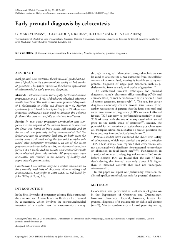 (PDF) Early prenatal diagnosis by celocentesis