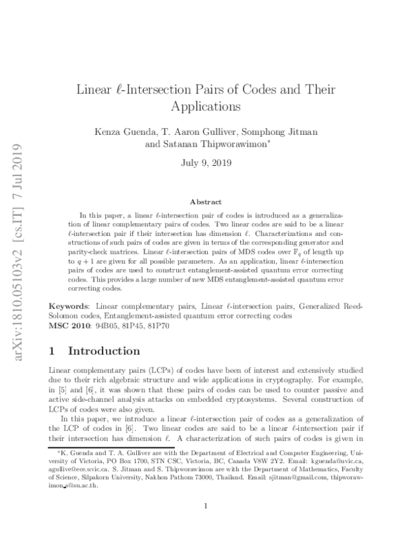 (PDF) Linear $\ell$-Intersection Pairs of Codes and Their Applications