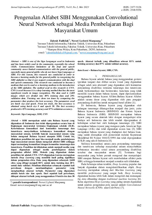 (PDF) Pengenalan Alfabet SIBI Menggunakan Convolutional Neural Network ...