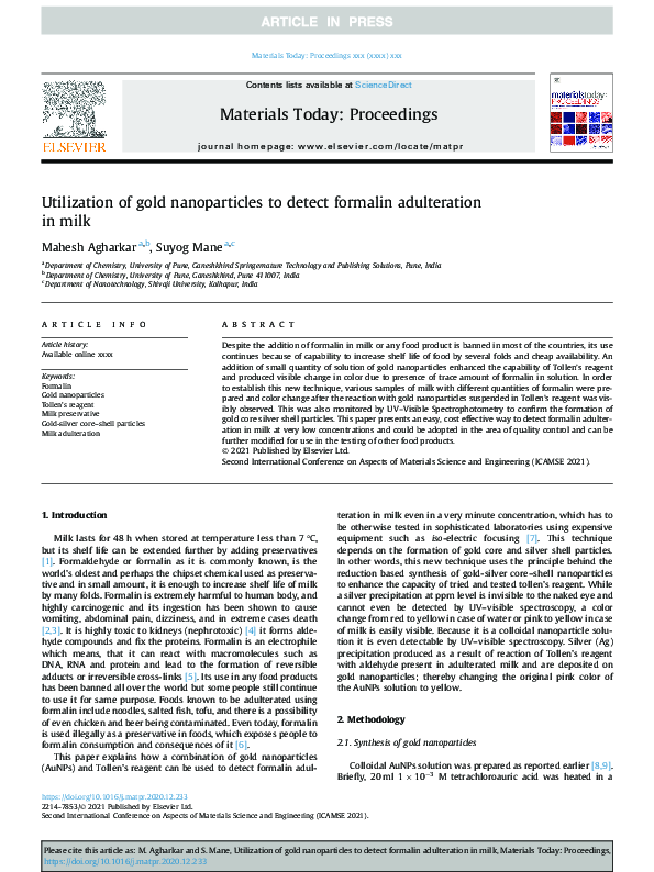 (PDF) Utilization of gold nanoparticles to detect formalin adulteration ...