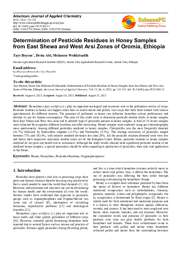 (PDF) Determination of Pesticide Residues in Honey Samples from East Shewa and West Arsi Zones ...