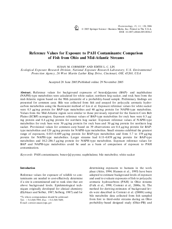 (PDF) Reference Values for Exposure to PAH Contaminants: Comparison of ...