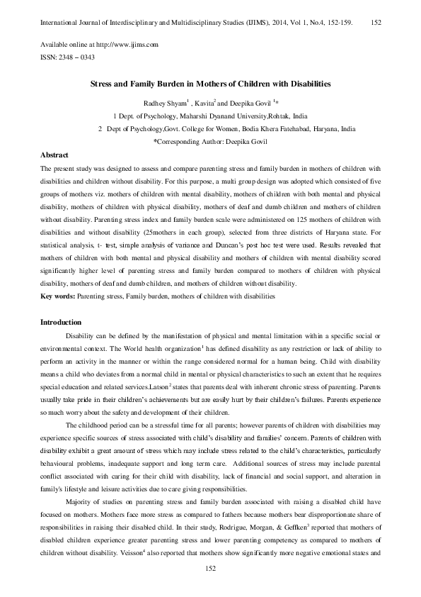 (PDF) Stress and Family Burden in Mothers of Children with Disabilities