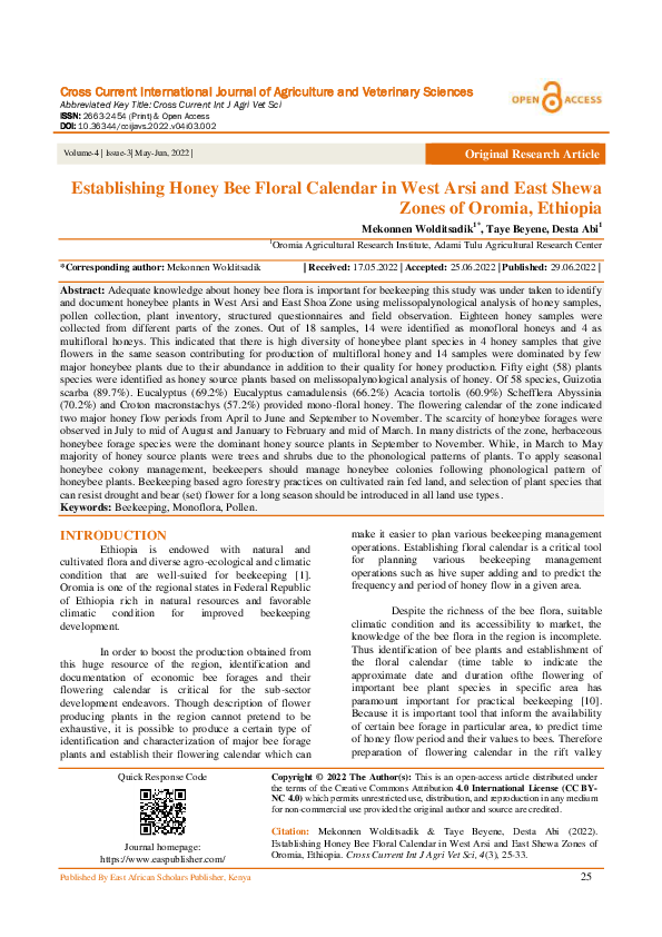 (PDF) Establishing Honey Bee Floral Calendar in West Arsi and East ...