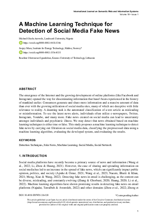 (PDF) A Machine Learning Technique for Detection of Social Media Fake News