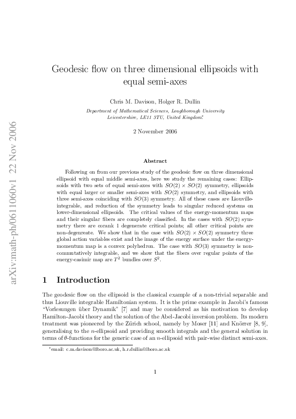 (PDF) Geodesic flow on three-dimensional ellipsoids with equal semi-axes