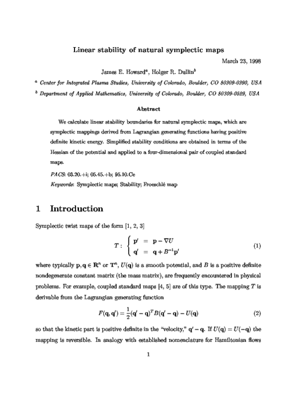 (PDF) Linear stability of natural symplectic maps