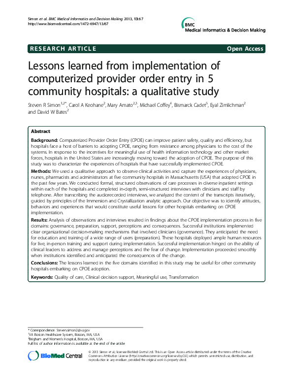 (PDF) Lessons learned from implementation of computerized provider order entry in 5 community ...