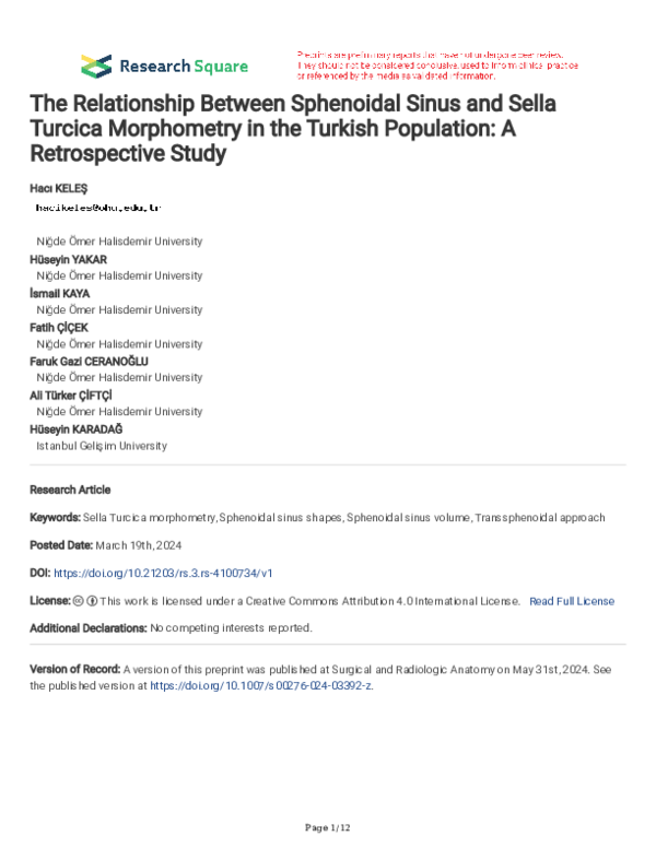 (PDF) The Relationship Between Sphenoidal Sinus and Sella Turcica ...