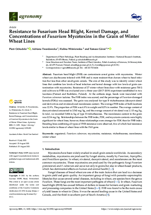 (PDF) Resistance to Fusarium Head Blight, Kernel Damage, and ...