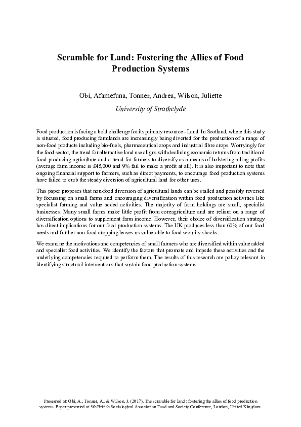 (PDF) The scramble for land: fostering the allies of food production ...