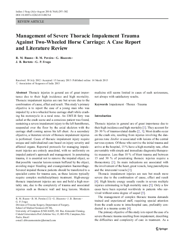(PDF) Management of Severe Thoracic Impalement Trauma Against Two ...