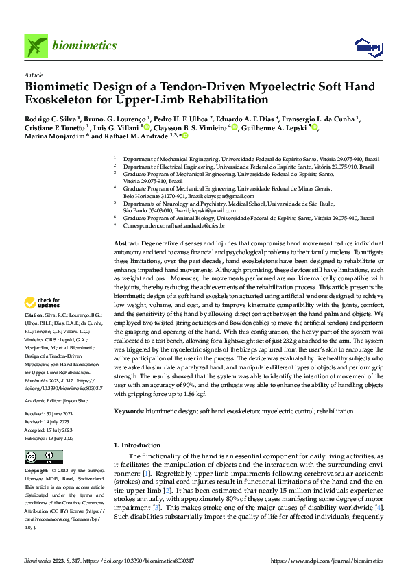 (PDF) Biomimetic Design of a Tendon-Driven Myoelectric Soft Hand ...