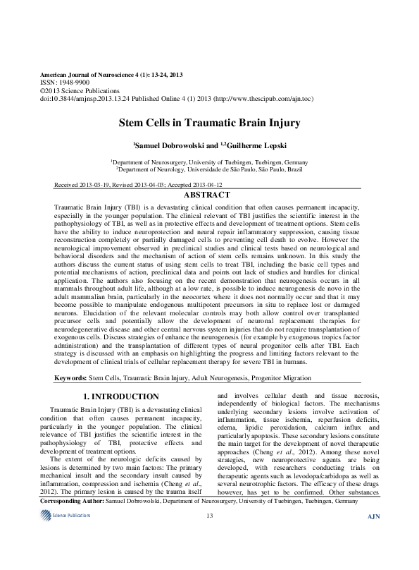 (PDF) Stem Cells in Traumatic Brain Injury
