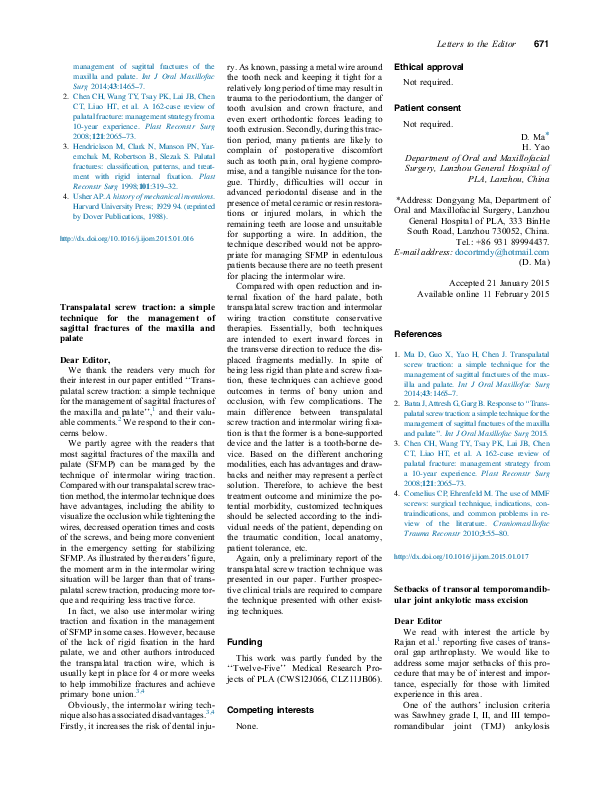 (PDF) Setbacks of transoral temporomandibular joint ankylotic mass excision