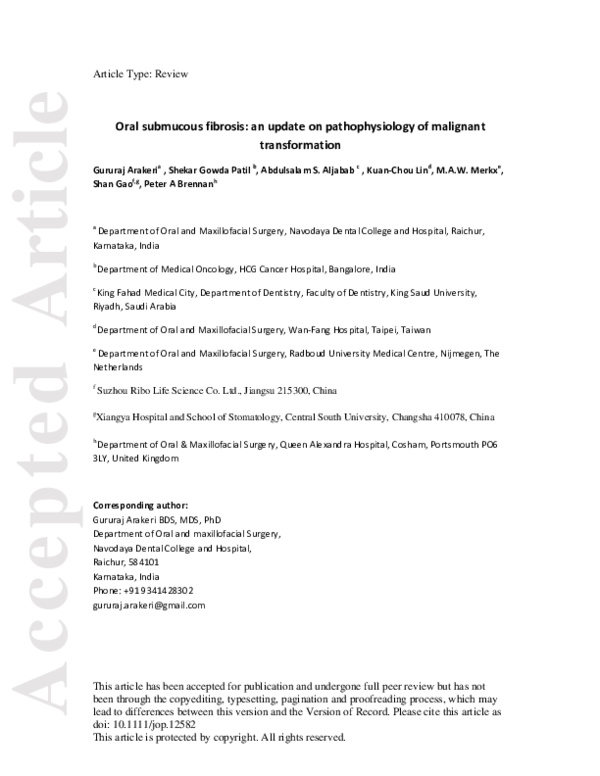 (PDF) Oral submucous fibrosis: an update on pathophysiology of ...