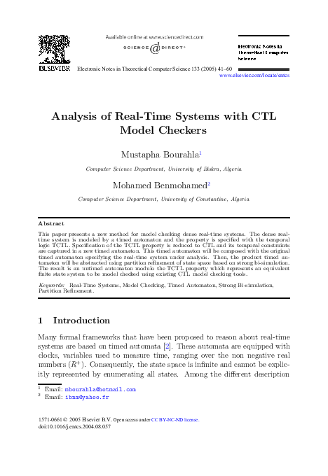 (PDF) Analysis of Real-Time Systems with CTL Model Checkers | Mustapha Bourahla - Academia.edu
