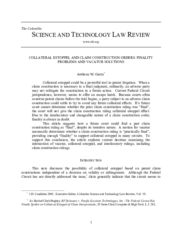 (PDF) Collateral Estoppel and Claim Construction Orders