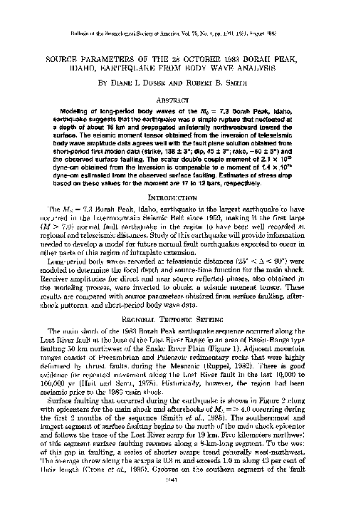 (PDF) Source parameters of the 28 October 1983 Borah Peak, Idaho ...
