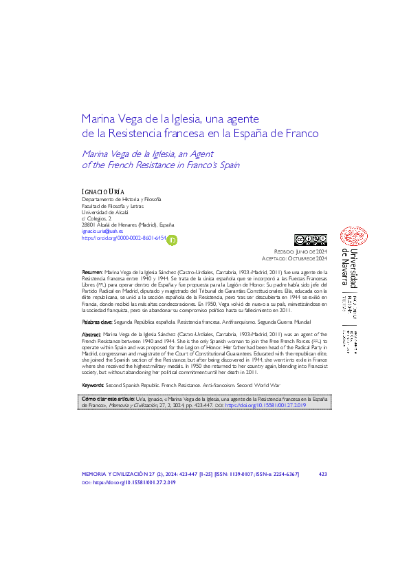 (PDF) Marina Vega de la Iglesia, una agente de la Resistencia francesa ...