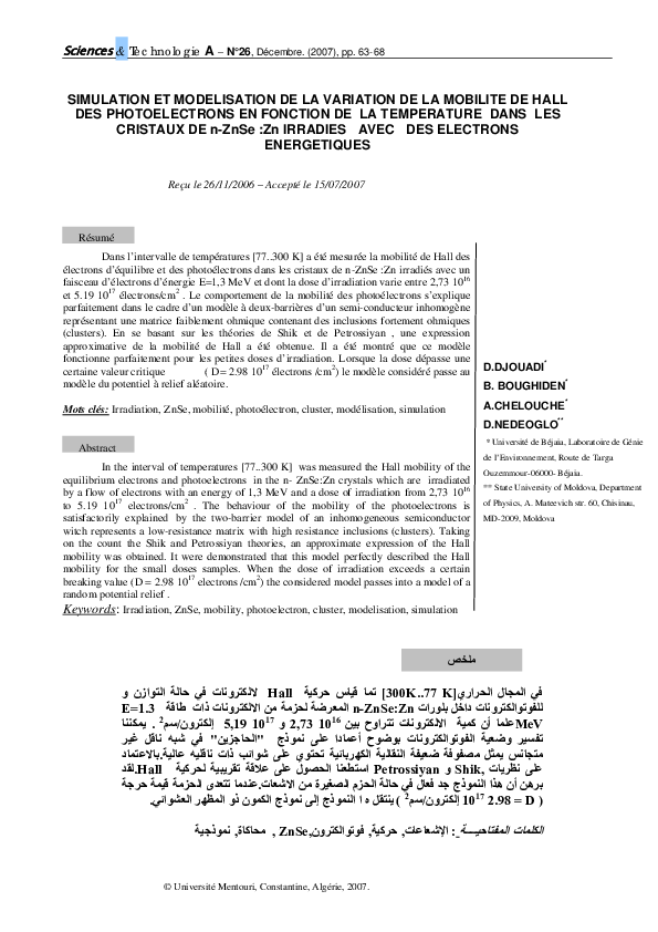 (PDF) SIMULATION ET MODELISATION DE LA VARIATION DE LA MOBILITE DE HALL DES PHOTOELECTRONS EN ...