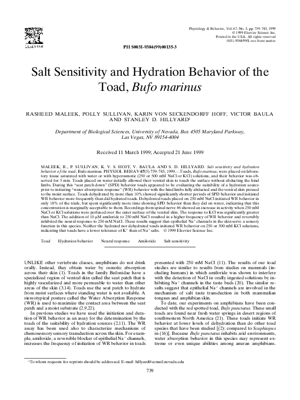 (PDF) Salt Sensitivity and Hydration Behavior of the Toad, Bufo marinus