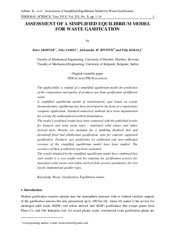 (PDF) Assessment of a simplified equilibrium model for waste gasification