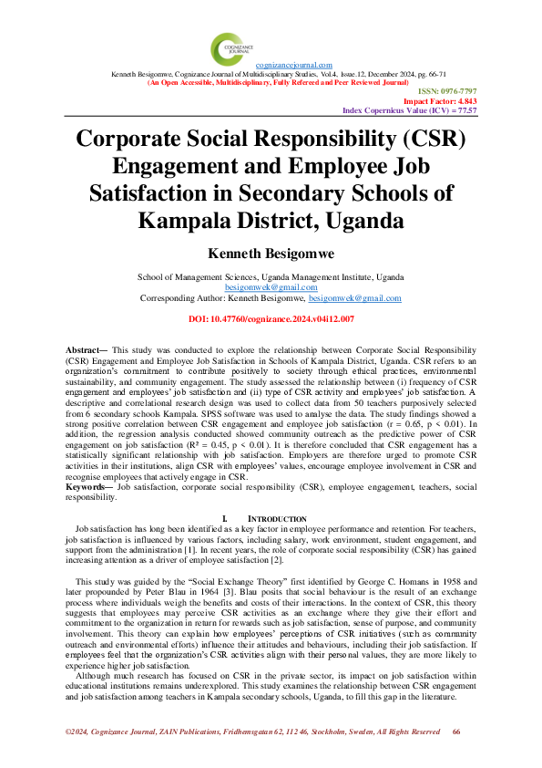 (PDF) Corporate Social Responsibility (CSR) Engagement and Employee Job ...