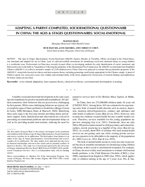 (PDF) Adapting a Parent-Completed, Socioemotional Questionnaire in ...