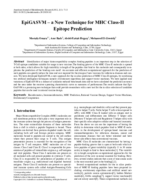 (PDF) EpiGASVM – a New Technique for MHC Class-II Epitope Prediction