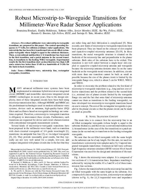 (PDF) Robust Microstrip-to-Waveguide Transitions for Millimeter-Wave Radar Sensor Applications
