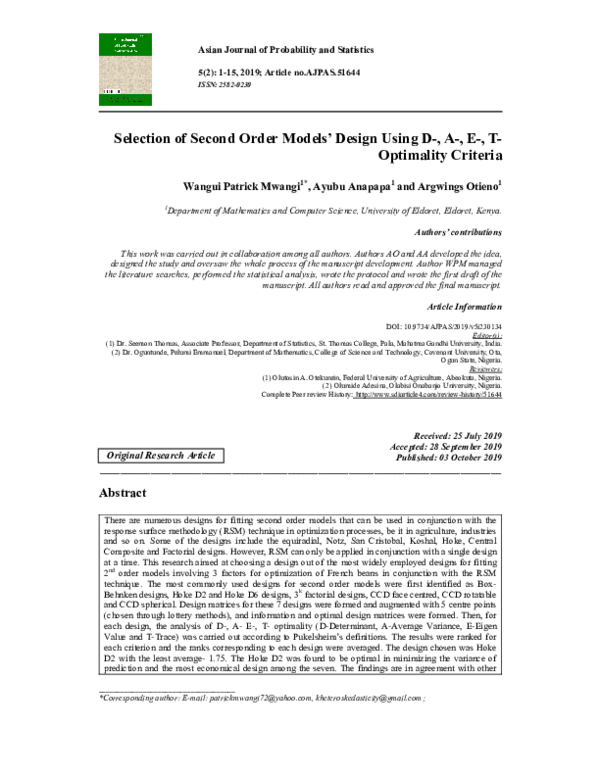 (PDF) Selection of Second Order Models’ Design Using D-, A-, E-, T- Optimality Criteria ...