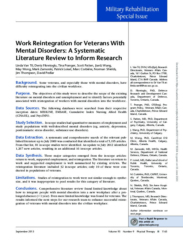 (PDF) Work Reintegration for Veterans With Mental Disorders: A ...