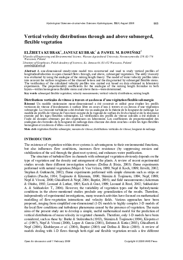 (PDF) Vertical velocity distributions through and above submerged, flexible vegetation
