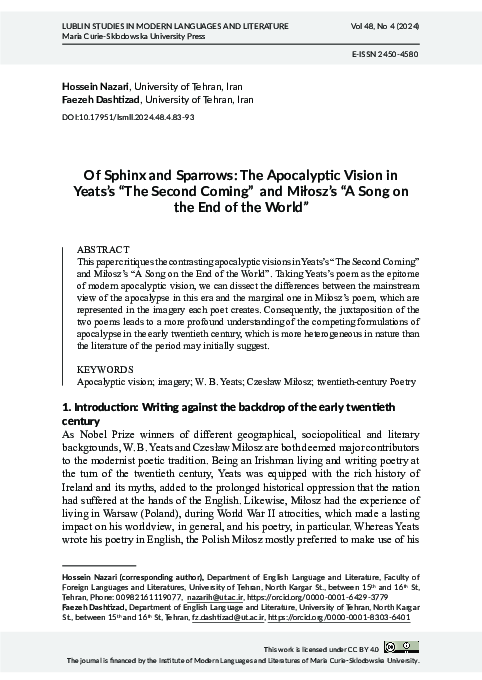 (PDF) Of Sphinx and Sparrows: The Apocalyptic Vision in Yeats's "The ...