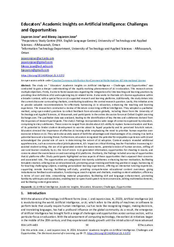 (PDF) Educators' Academic Insights on Artificial Intelligence: Challenges and Opportunities